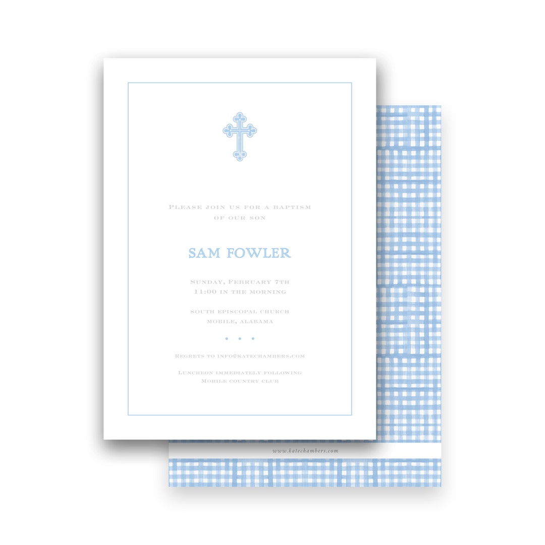 Baptism Dedication Invitation - Watercolor Blue Gingham Cross - by Kate ...