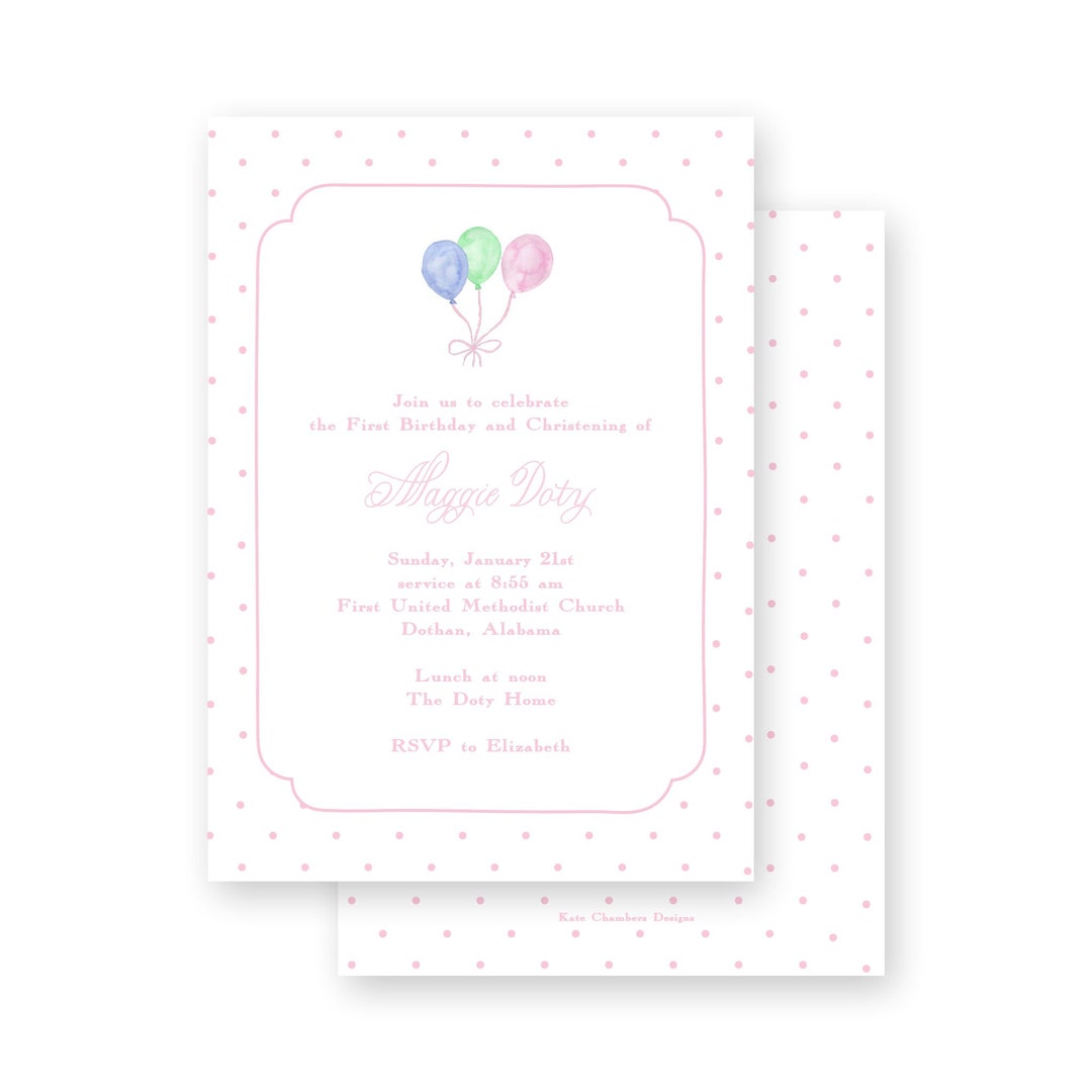 Birthday Invitation - Watercolor Balloons Pink Green Periwinkle Dots ...