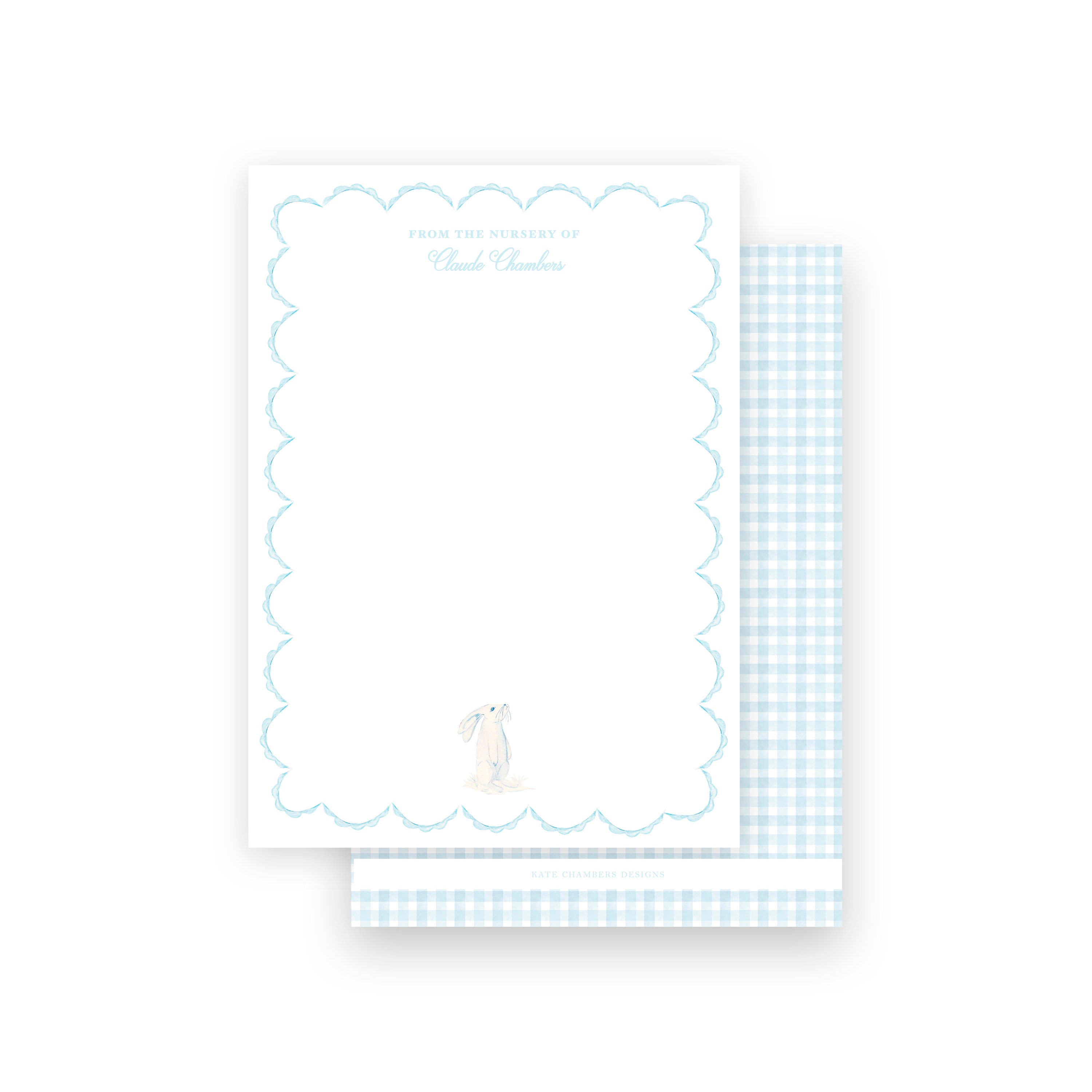 Blue Watercolor Bunny Scallop Border Baby Stationery Flat Printed Cards ...