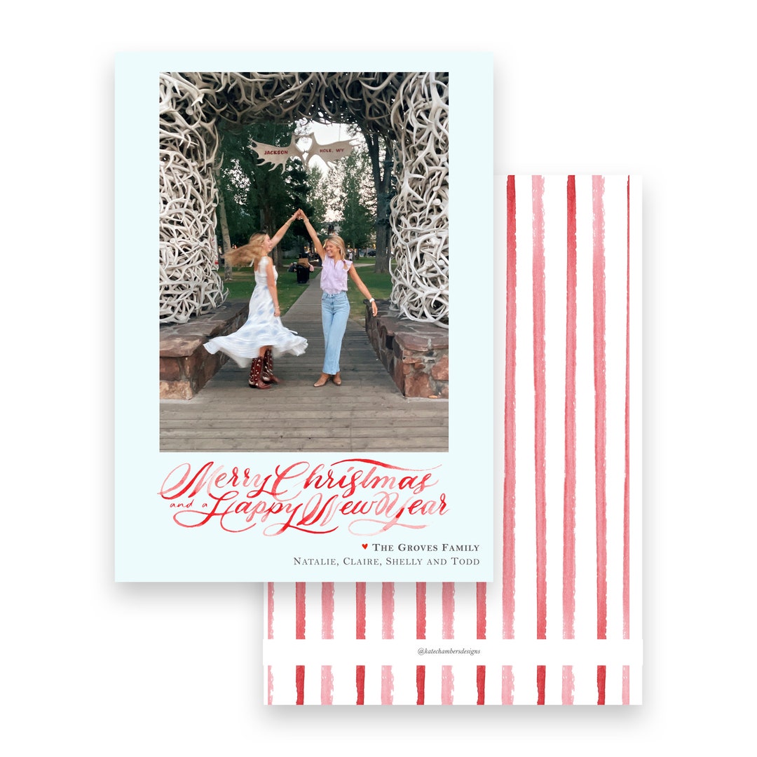 Christmas Holiday Photo Card - Paint Brushed Calligraphy Blue Red ...