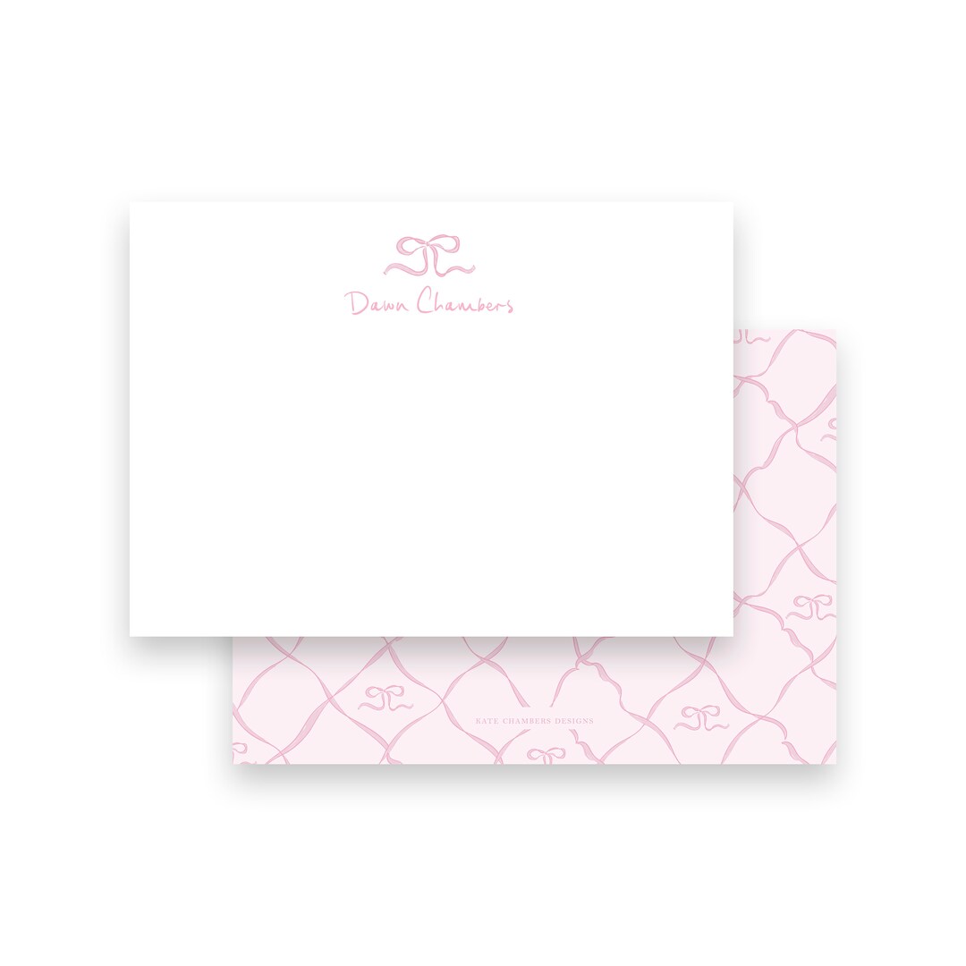 Pink Ribbon Bow Border Girls Stationery Flat Printed Cards- by Kate ...