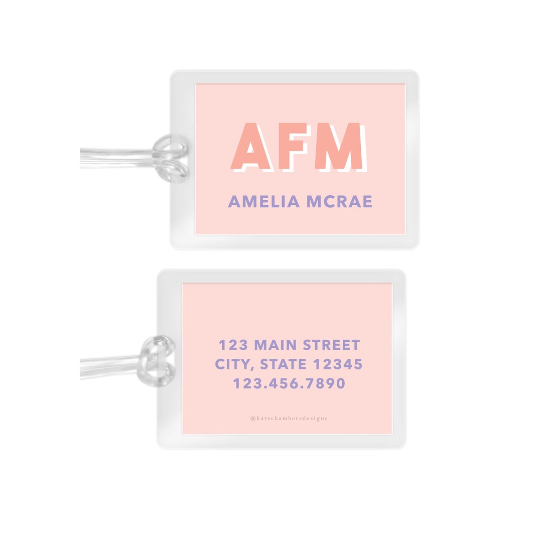 Girls Laminated Bag Tag - Simple Peach Lilac Shadow Font Available in ...