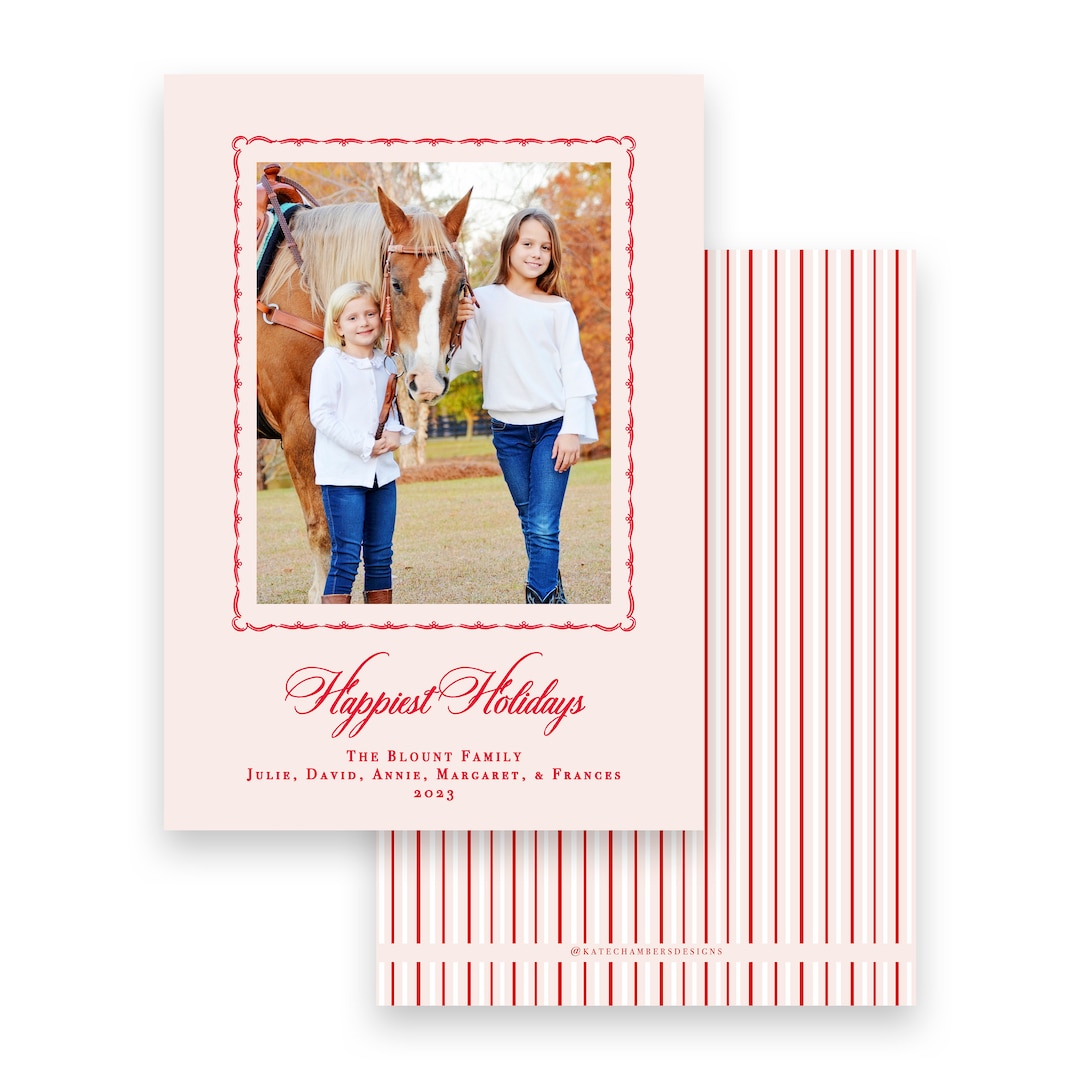 Christmas Holiday Photo Card - Red Pink Border Florentine Back Liner ...