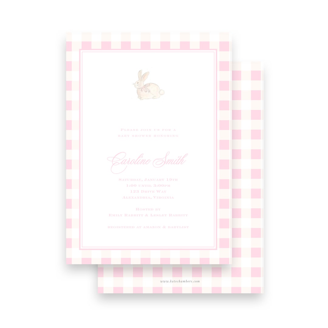 Baby Shower Invite - Watercolor Bunny With Pink Bow Pink Gingham - by ...