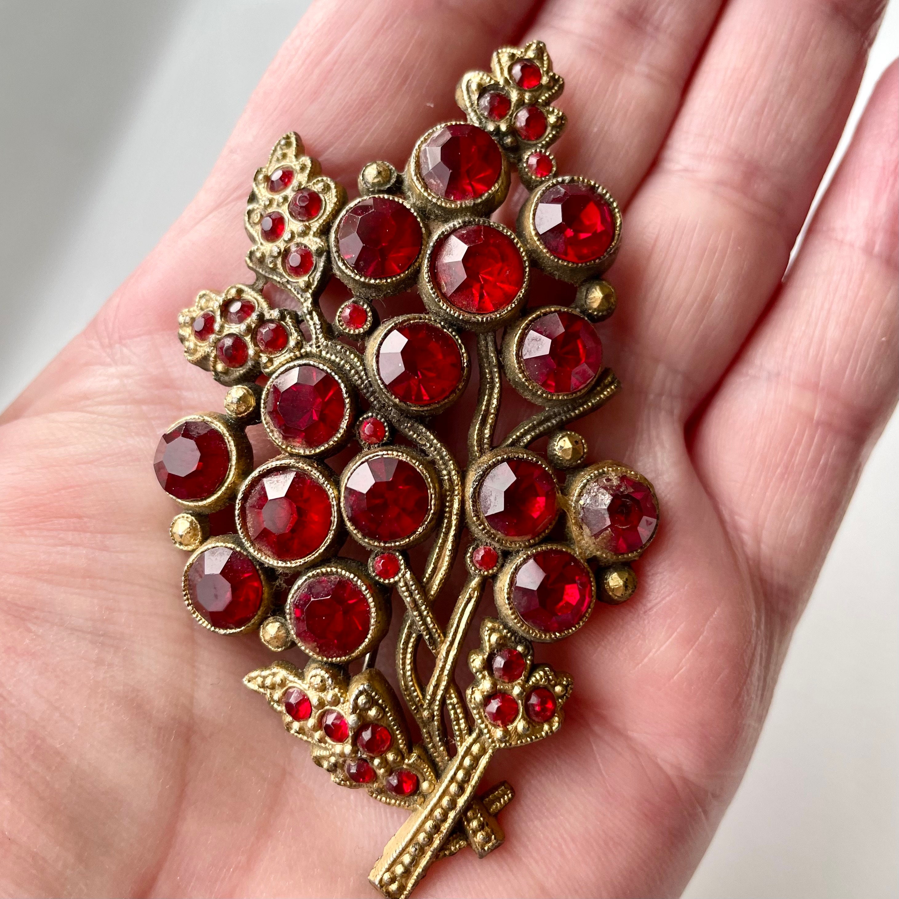 Vintage Little Nemo Gold Tone Red Rhinestone Flower Brooch, Holiday Pin ...