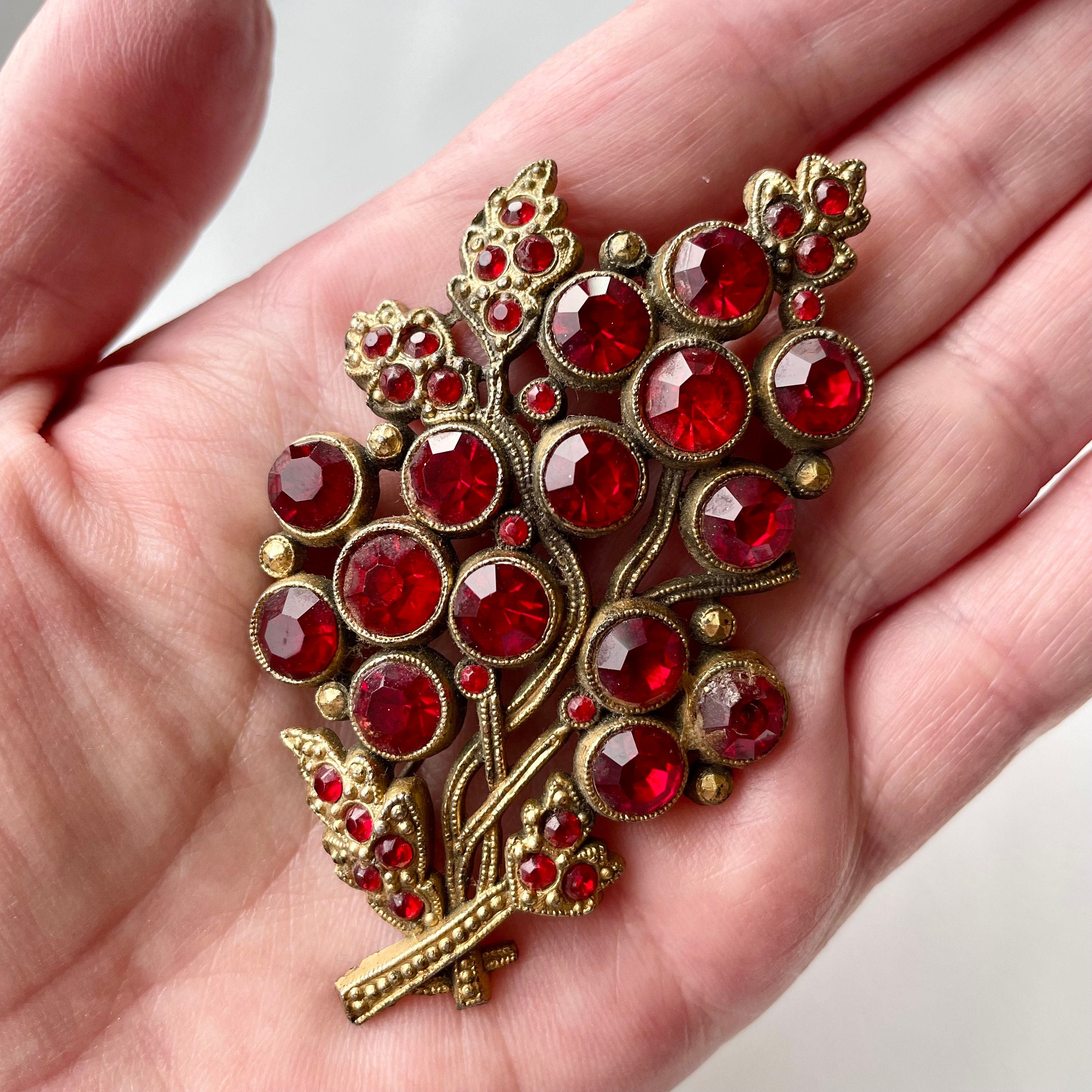 Vintage Little Nemo Gold Tone Red Rhinestone Flower Brooch, Holiday Pin ...