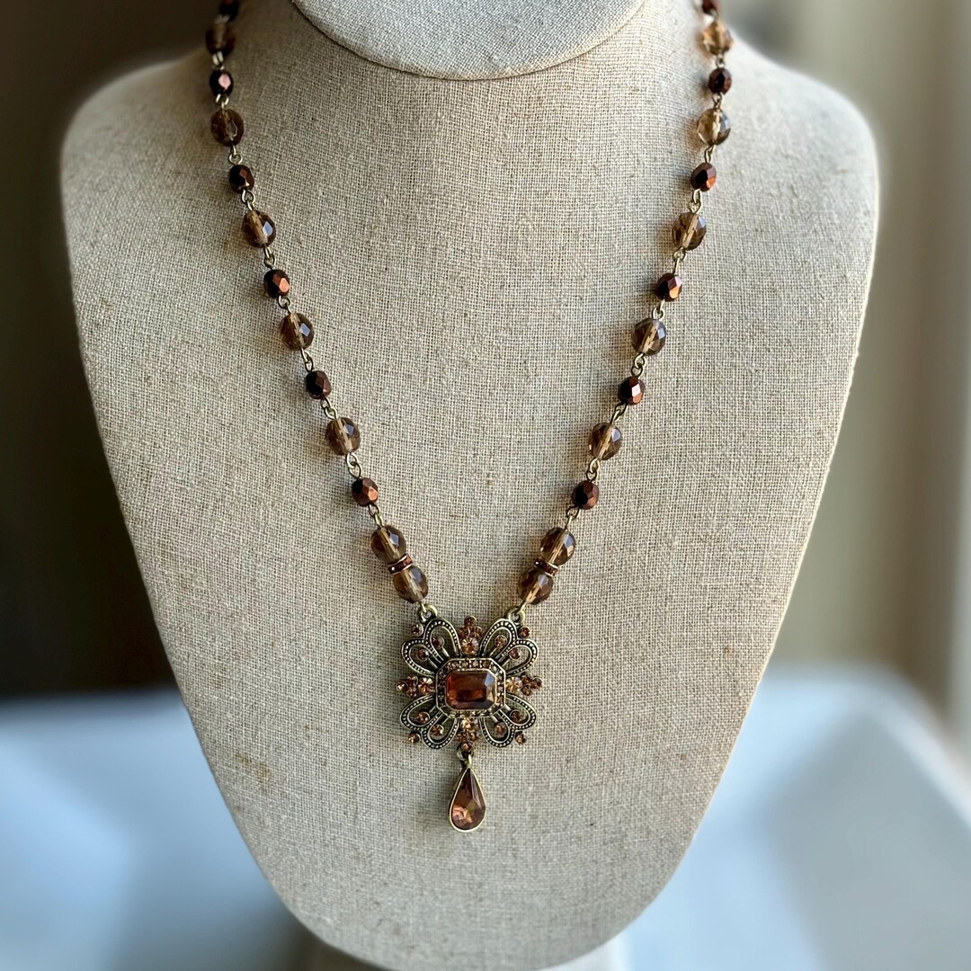 Vintage Avon Pendant Necklace, Brown Rhinestone Beaded Necklace, Gift ...