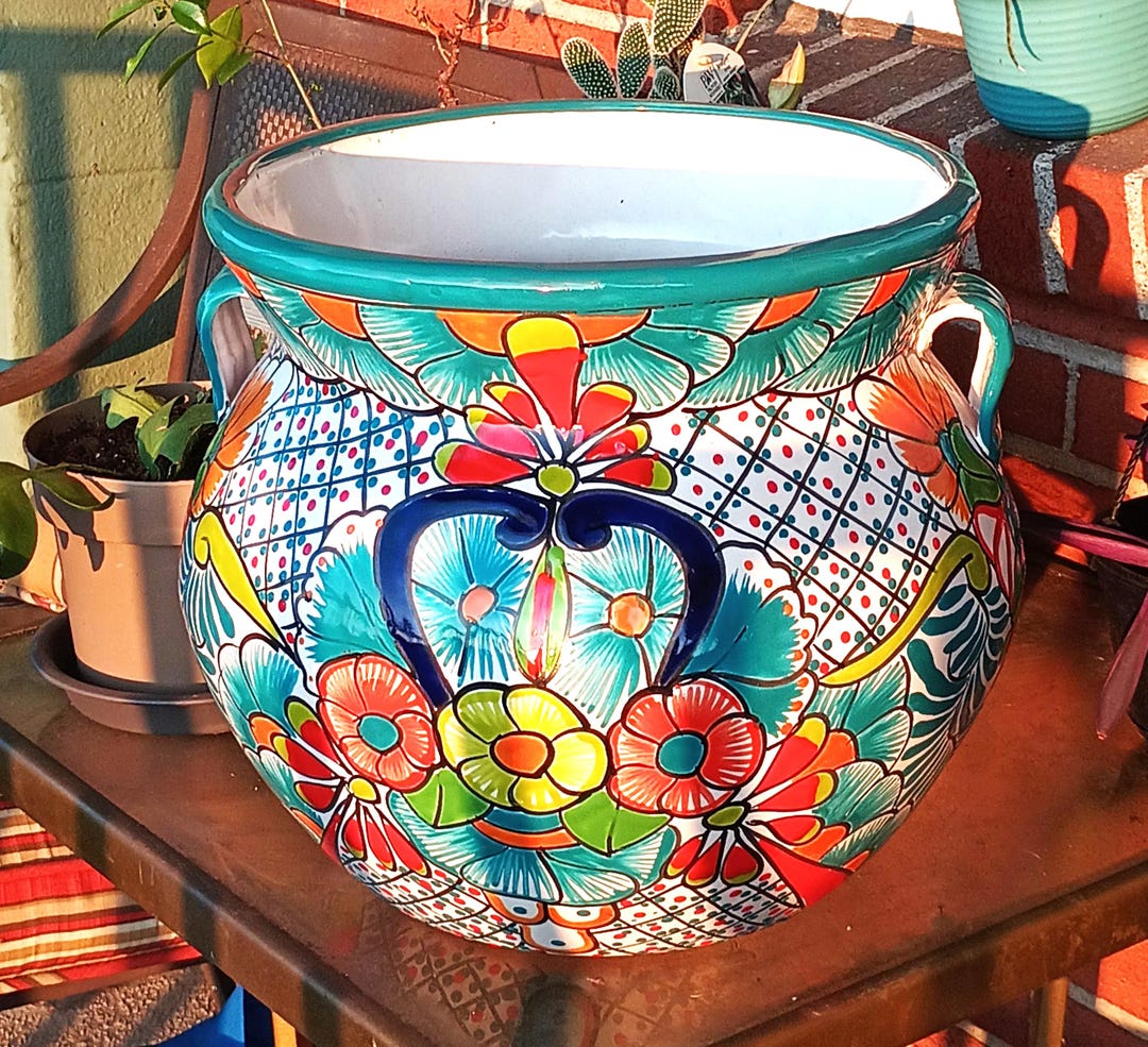 Large Urn Shaped Turquoise Multi Colored Talavera Decorative Vase With ...