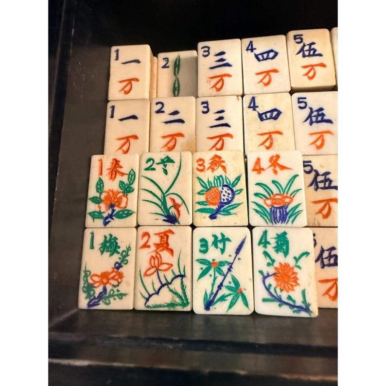 VTG Mahjong Mah Jong Set Tiles Bamboo / Bone Wood Box Bone Counting ...