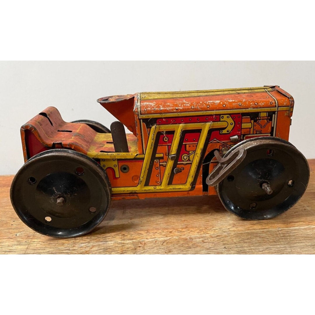 Vintage Marx Toy Co - Wind up Tractor - Pressed Steel - Orange W/ Red ...