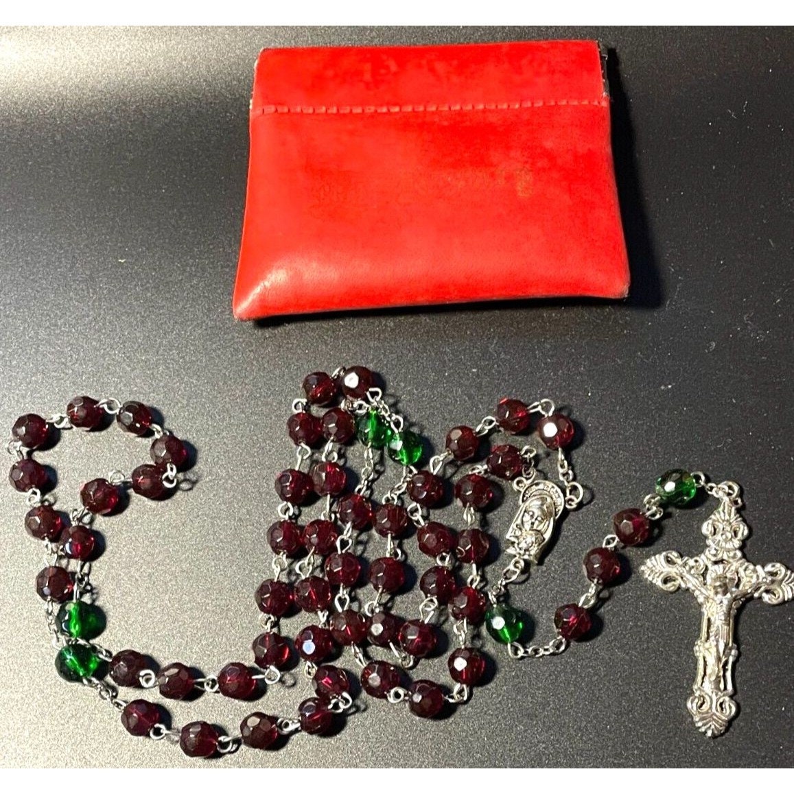 Vtg. Virgin Mary, Baby Jesus Crucifix Catholic Rosary W/case 23" Maroon ...