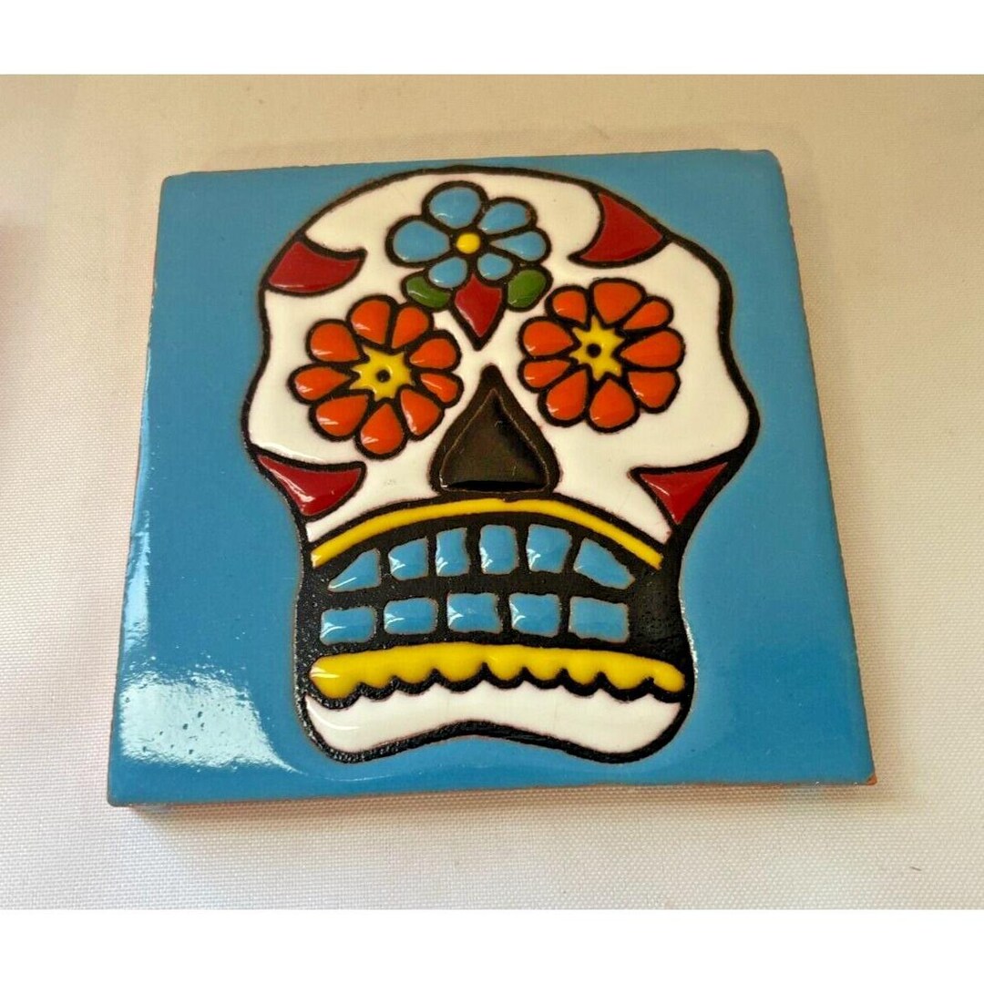 Glazed 4” Square Tile Skull Floral Day of the Dead - Etsy