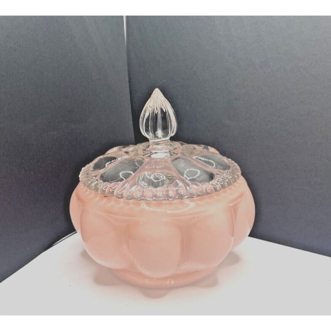 Vintage Fenton Art Glass Rose Pink Overlay Melon Covered Vanity Powder ...