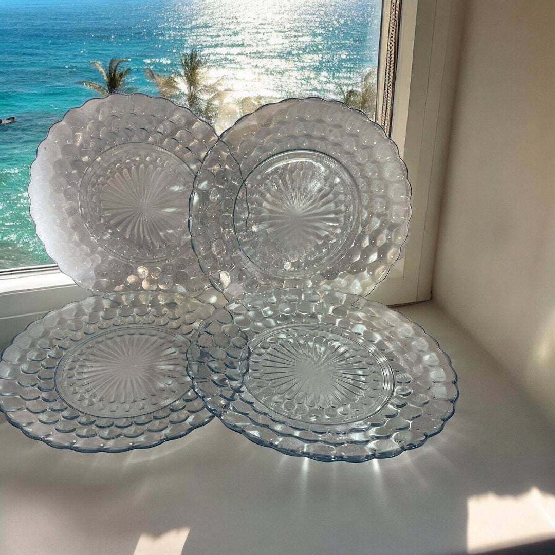 4 Anchor Hocking Bubble Sapphire Blue Dinner Plates 9 3/8 Vintage Glass ...