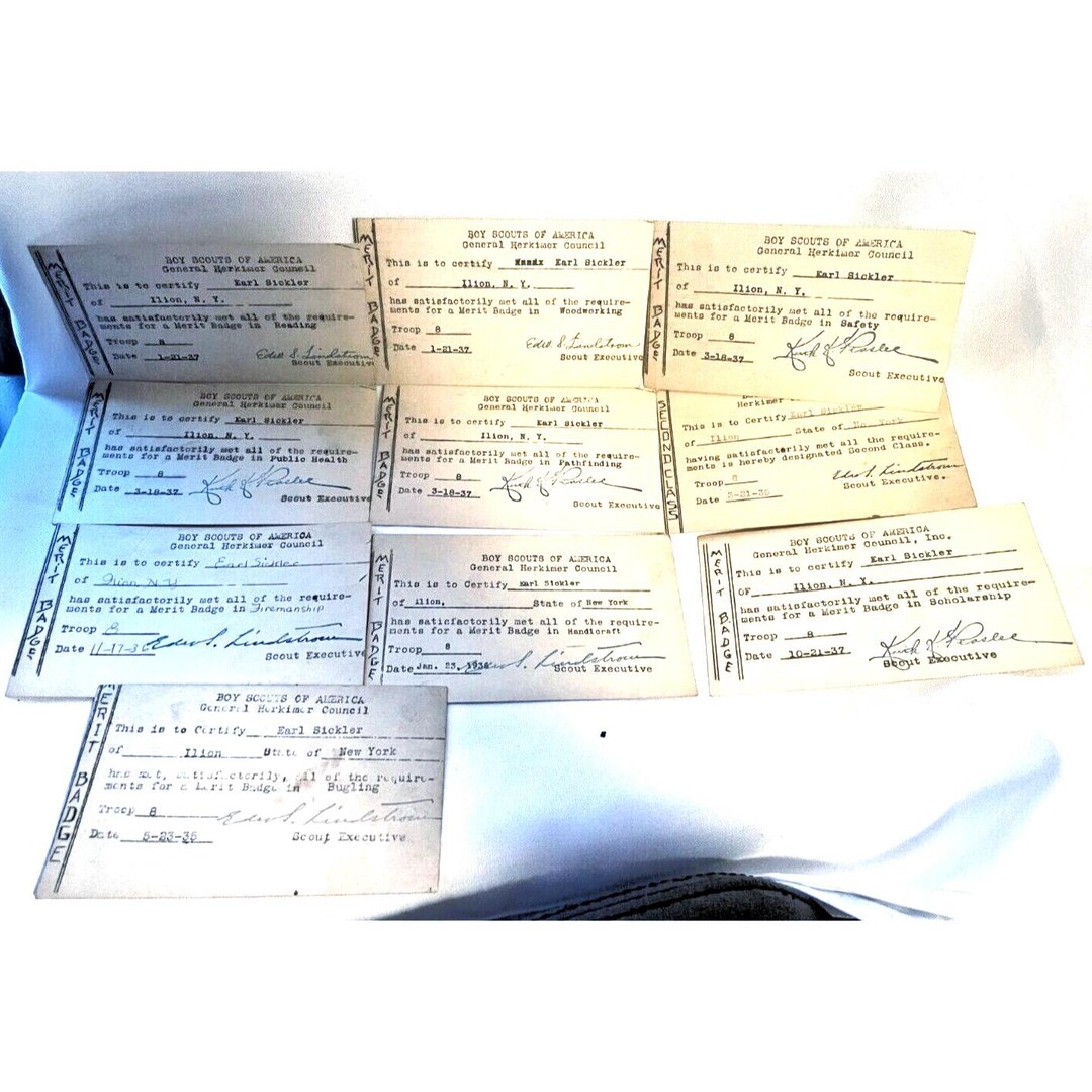 10 1935-1937 Boy Scouts Merit Badge Completion Cards Herkimer Council ...