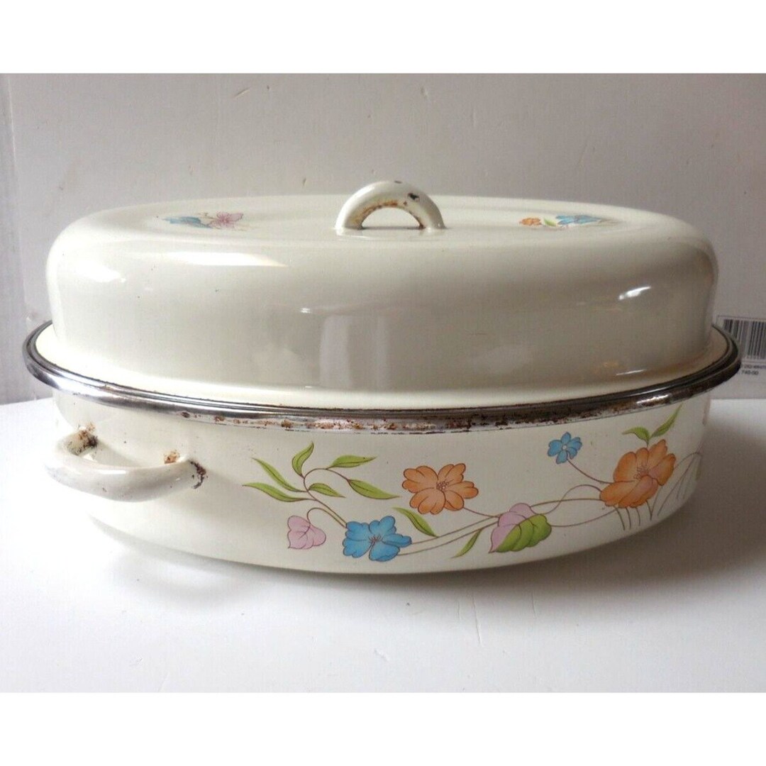 Vintage Enamelware Roaster Pan Pink Blue Floral Flower Design Roasting ...