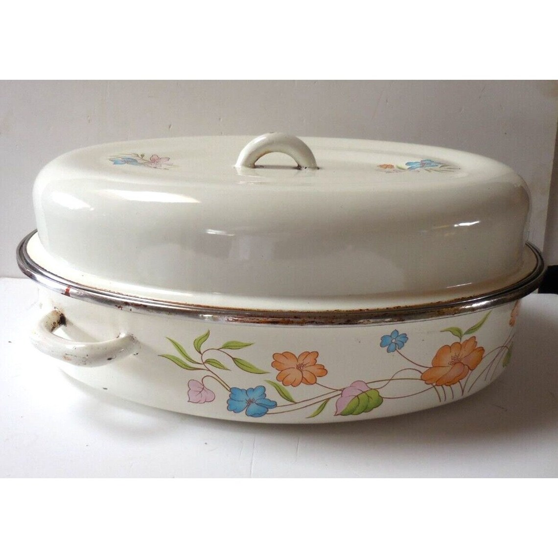 Vintage Enamelware Roaster Pan Pink Blue Floral Flower Design - Etsy