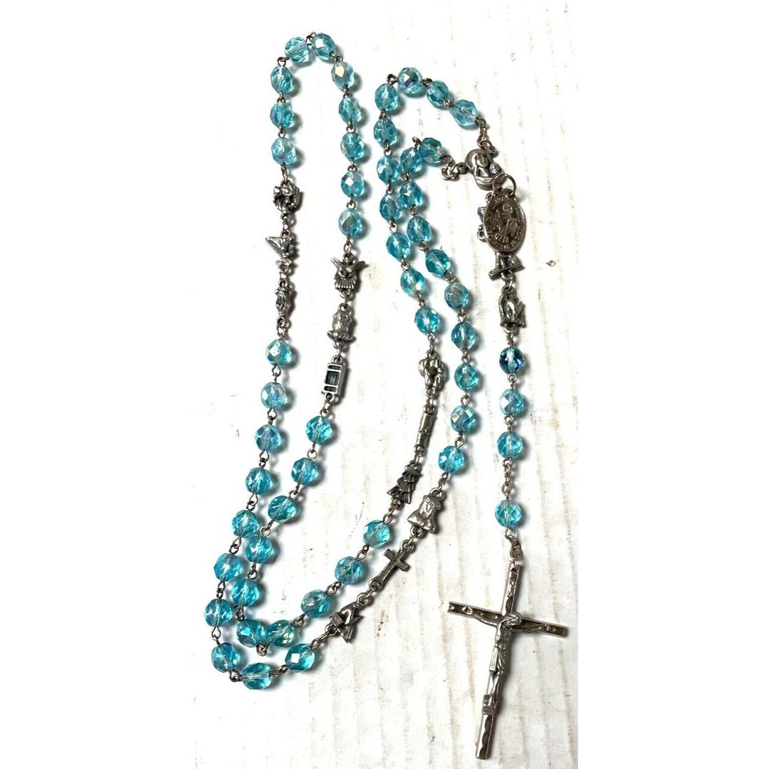 Vtg. Jesus Crucifix Catholic Rosary Aqua Iridescent Beads Italy 26" - Etsy