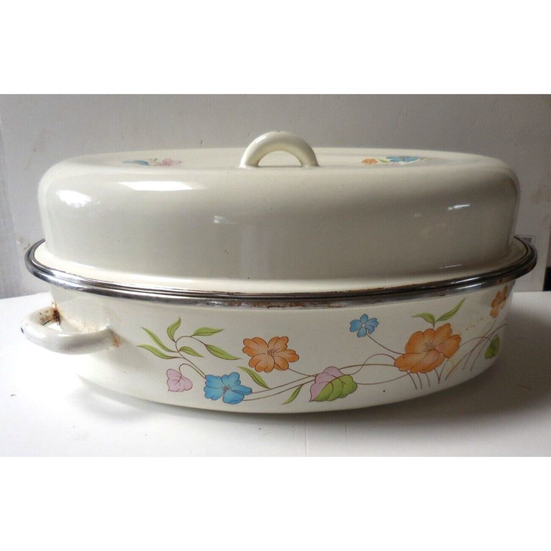 Vintage Enamelware Roaster Pan Pink Blue Floral Flower Design Roasting ...