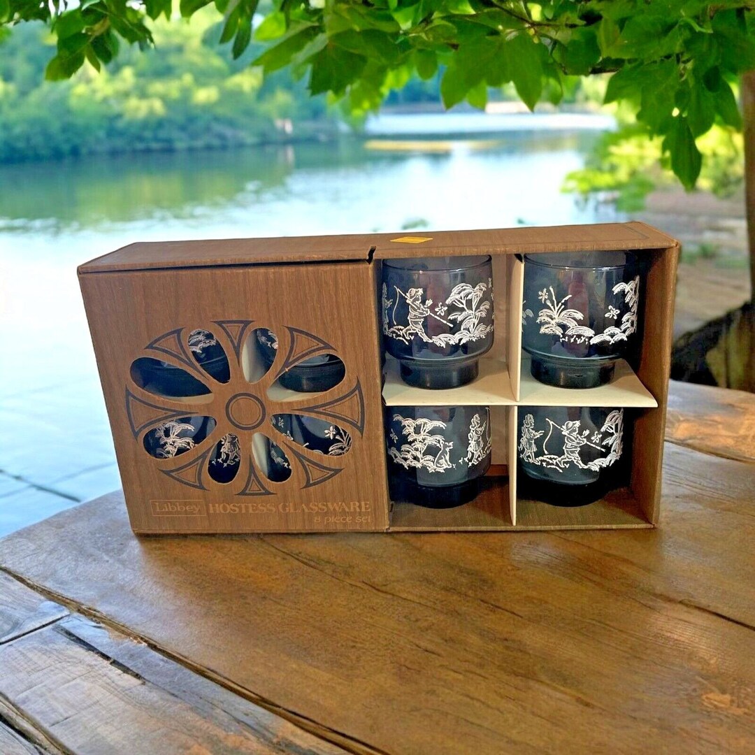 8 Vintage Libby Mary Gregory Juice Glasses Blue W/ White Embossed in ...