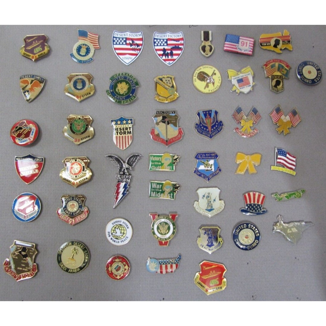 Lot of 45 Pins,desert Storm,us. Military,pow, Pin Backs,vest,lapel,hat ...