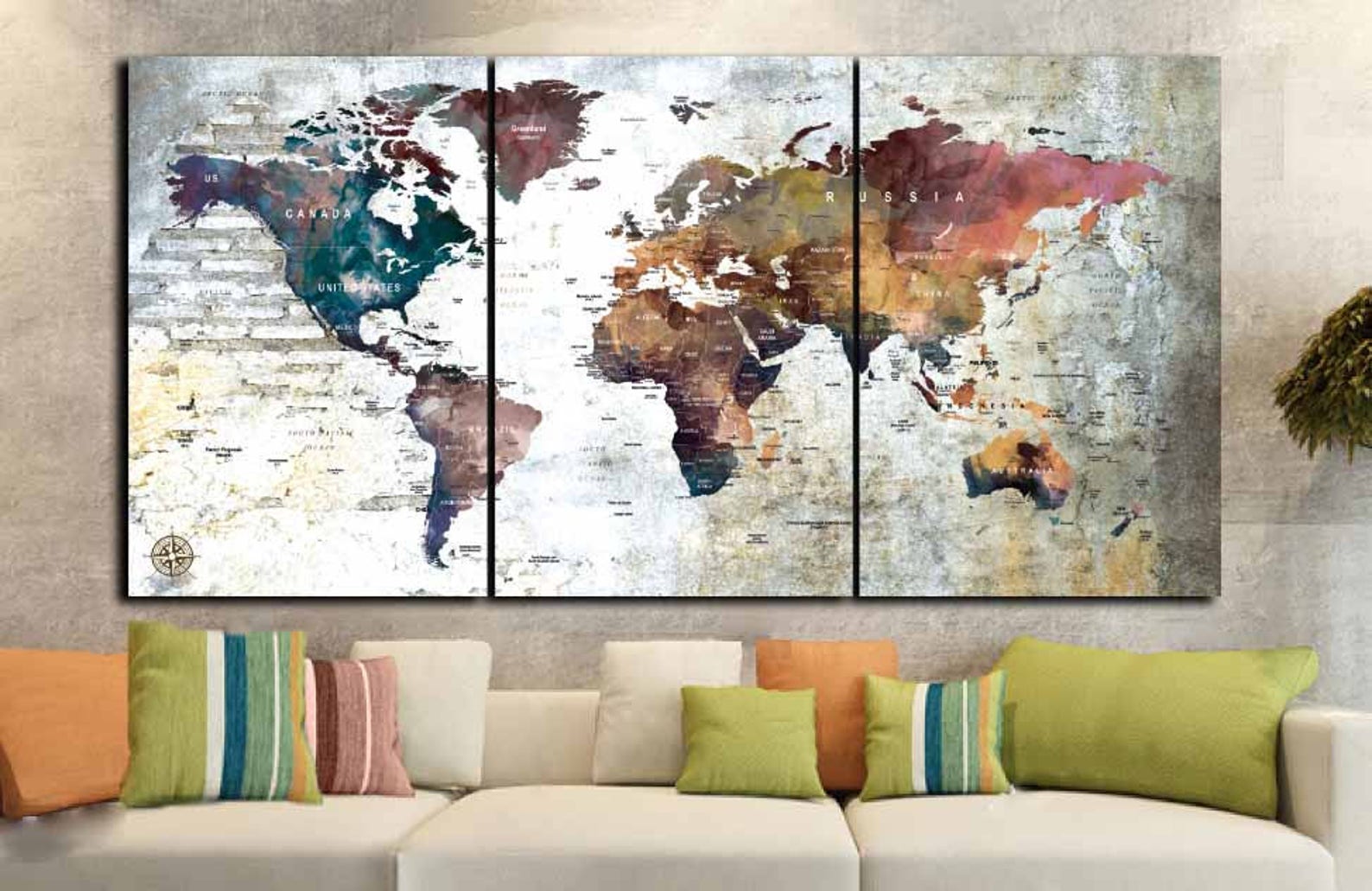 World Map 3 Piece Canvas Push Pin Map World Maplarge World - Etsy
