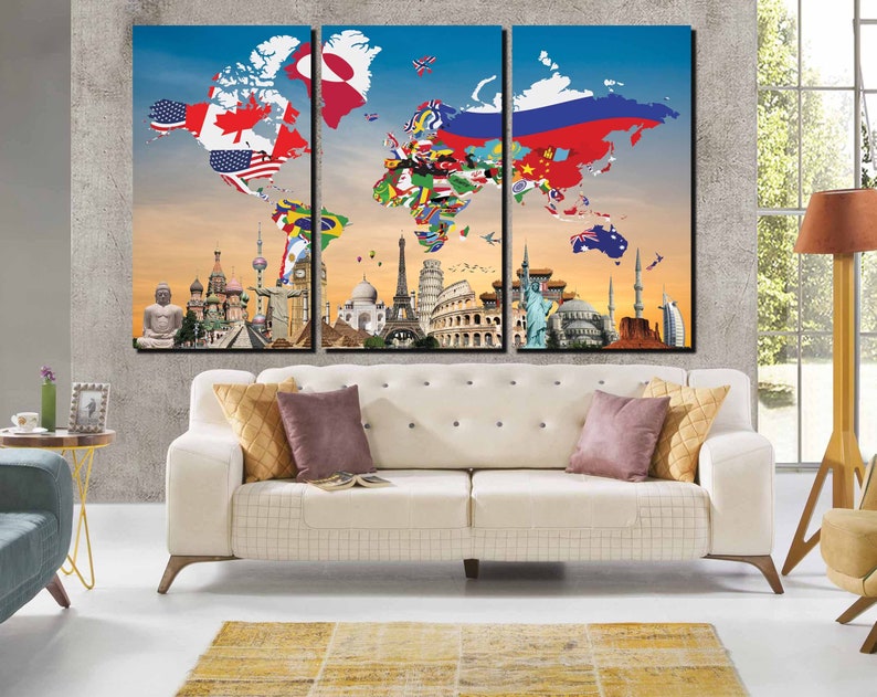 World Flag Map With Landmarks World Map Flagsworld Map Art - Etsy