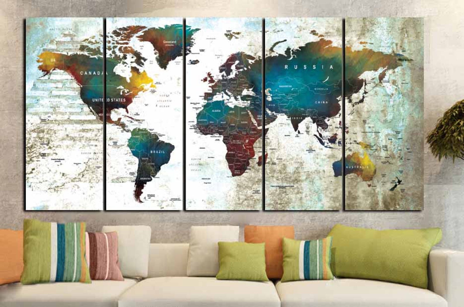 Large World Map Wall Art Multiple Panelspush Pin Mapworld - Etsy