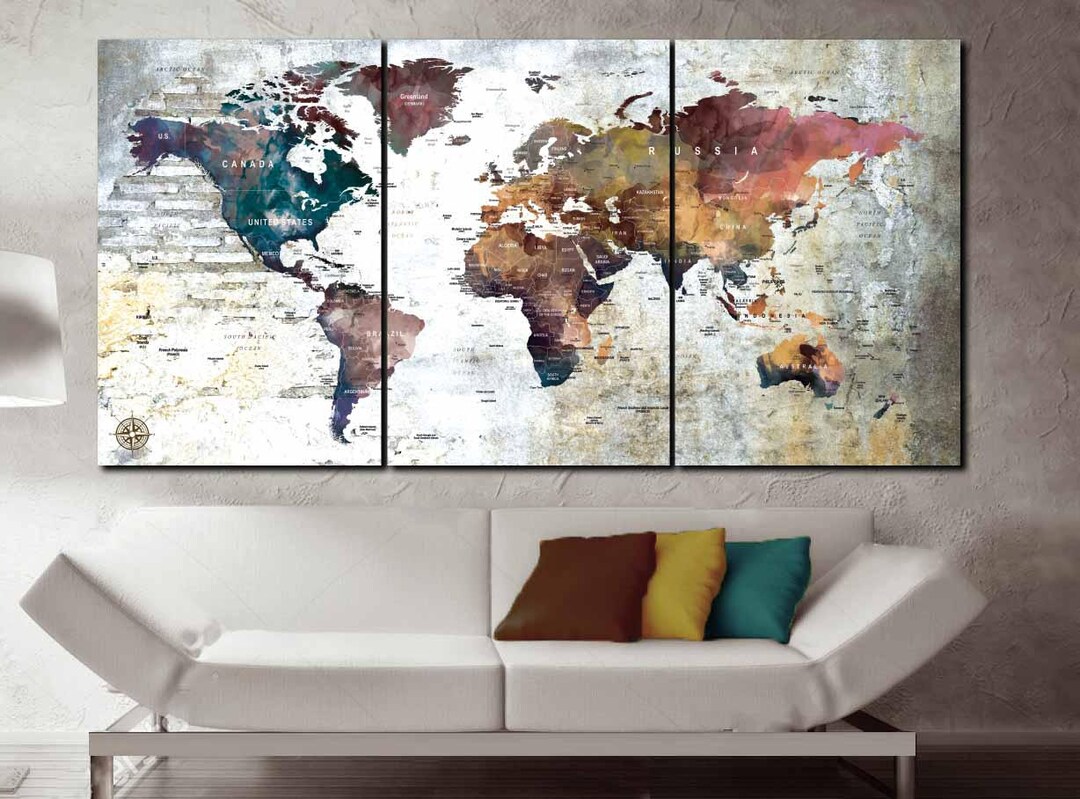 World Map 3 Piece Canvas Push Pin Map World Maplarge World - Etsy