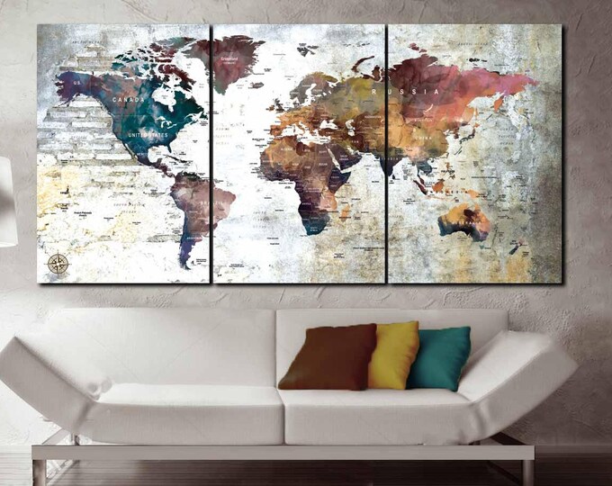 World Map 3 Piece Canvas, Push Pin Map, World Map,large World Map,world ...