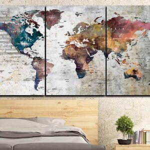 World Map 3 Piece Canvas push pin map world mapLarge World | Etsy