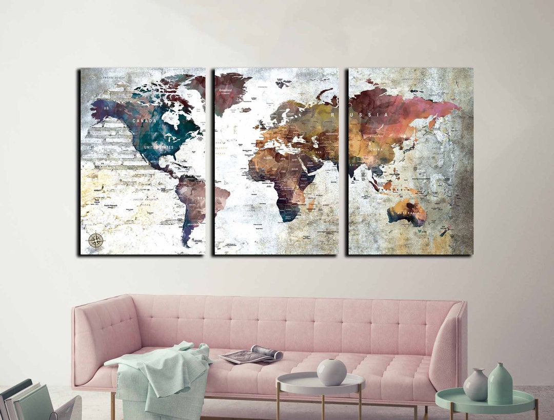 World Map Large World Map Wall Art World Map Canvas Push - Etsy
