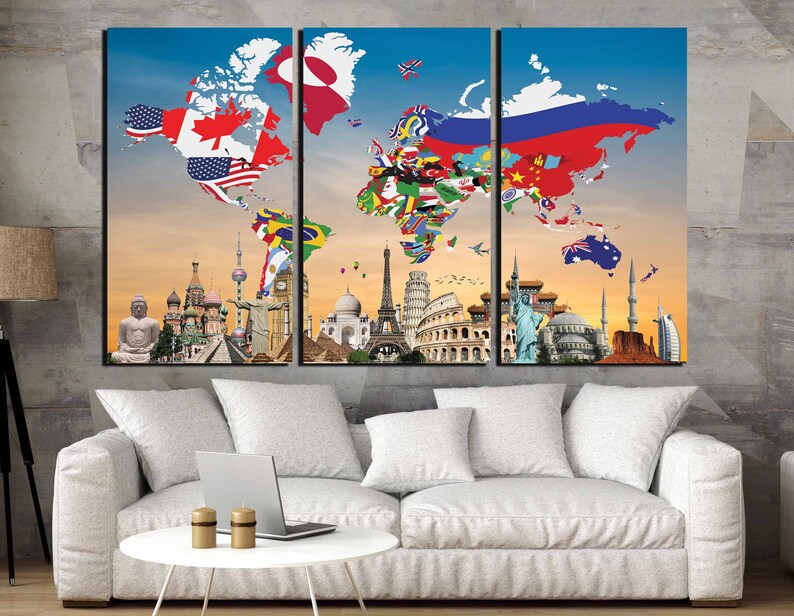 World Flag Map with Landmarks World map flagsWorld map art | Etsy