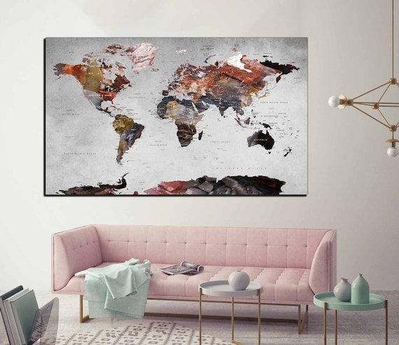 Highly Detailed World Map Art Detailed Push Pin Map Large | Etsy