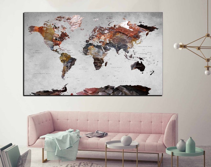 Highly Detailed World Map Art, Detailed Push Pin Map Large Canvas Print ...