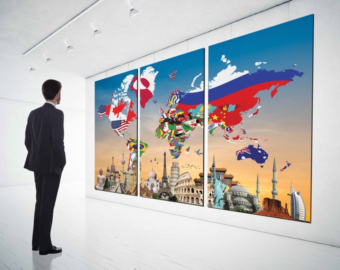 World Flag Map With Landmarks, World Map Flags,world Map Art, World Map ...