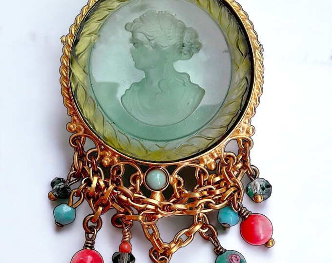 EXTASIA Victorian Intaglio Cameo Brooch, Green Art Glass, Semi Precious ...