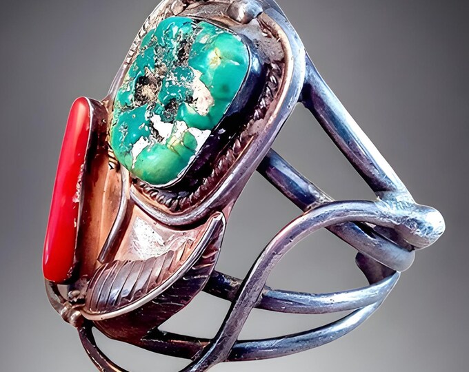 Navajo Sterling Turquoise Coral Cuff, NC Nancy Custer, Authentic, Huge ...