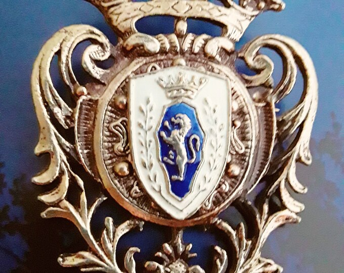 Lion Crown Shield Crest Brooch, Heraldic Gold Tone, Scroll Work, Enamel ...