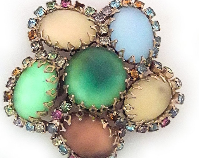 Frosted Glass Cabochon Brooch, Unsigned Designer, Pastel Colors ...