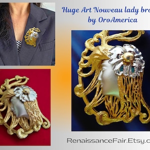 Art Nouveau Lady Profile Brooch-pendant by Oroamerica, Massive ...