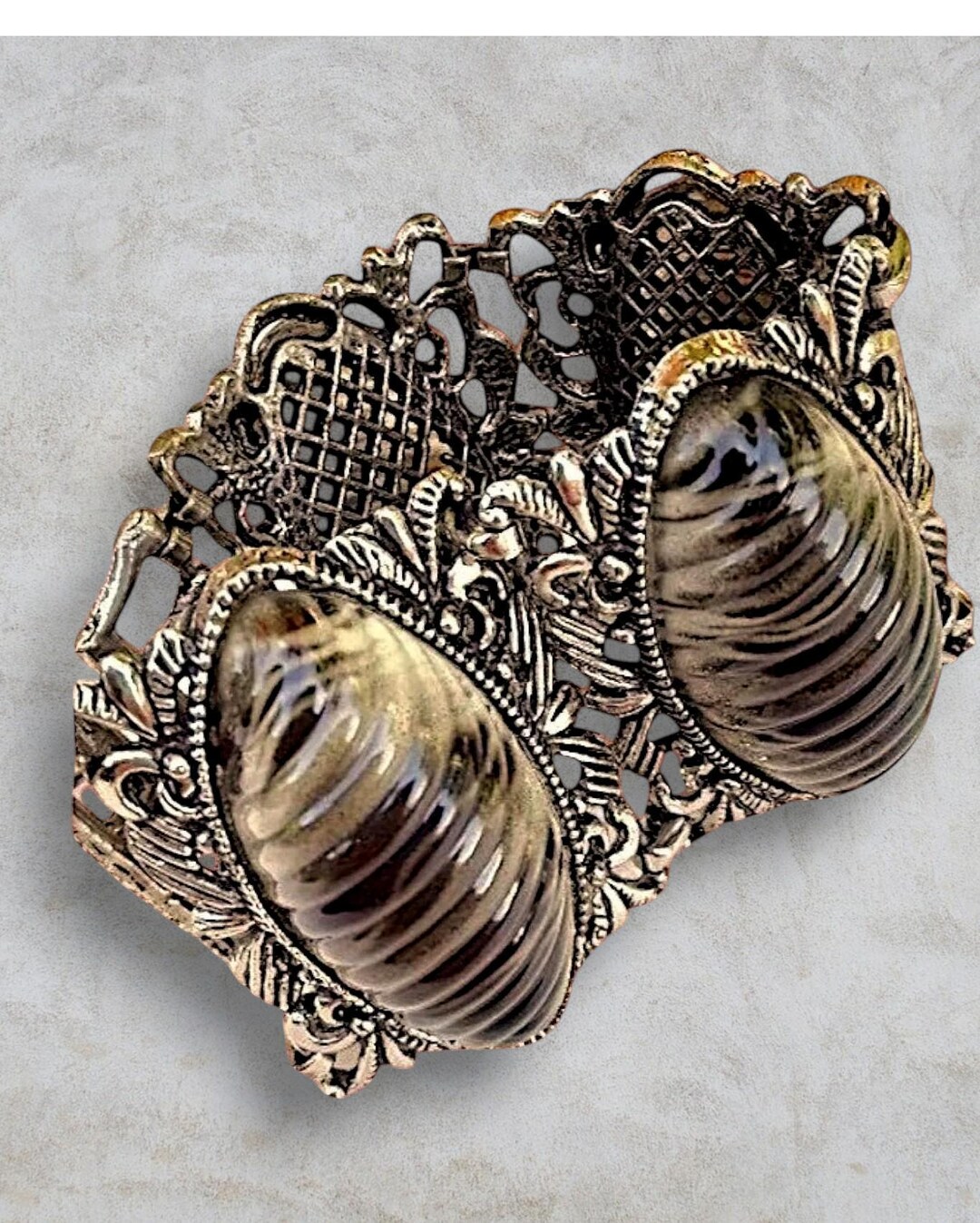 Chunky Thermoset Selro Style Bracelet, Extra Wide, Zebra Patterns, Antique Silver Tone, 4 ...