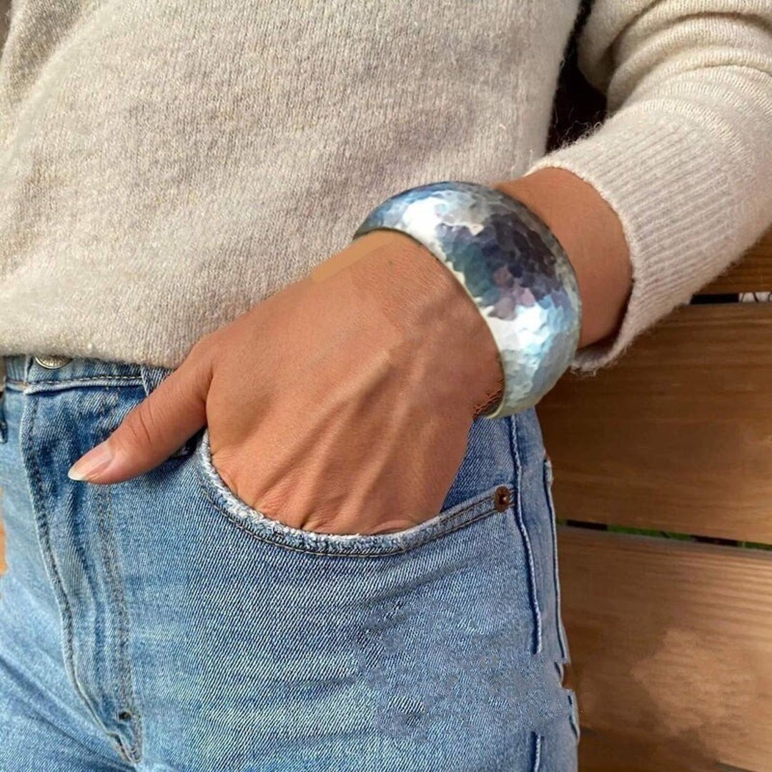 Chunky Sterling Silver Hammered Cuff Bracelet, Large, Clean Modern Look ...