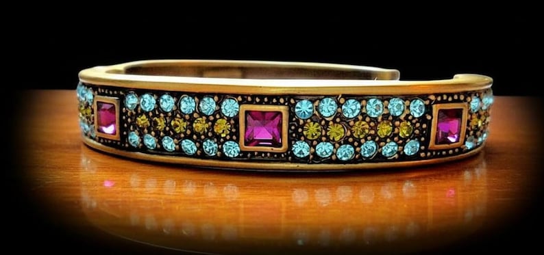 Vintage Heidi Daus Hinged Bangle Bracelet Aqua Blue & Purple Crystals ...