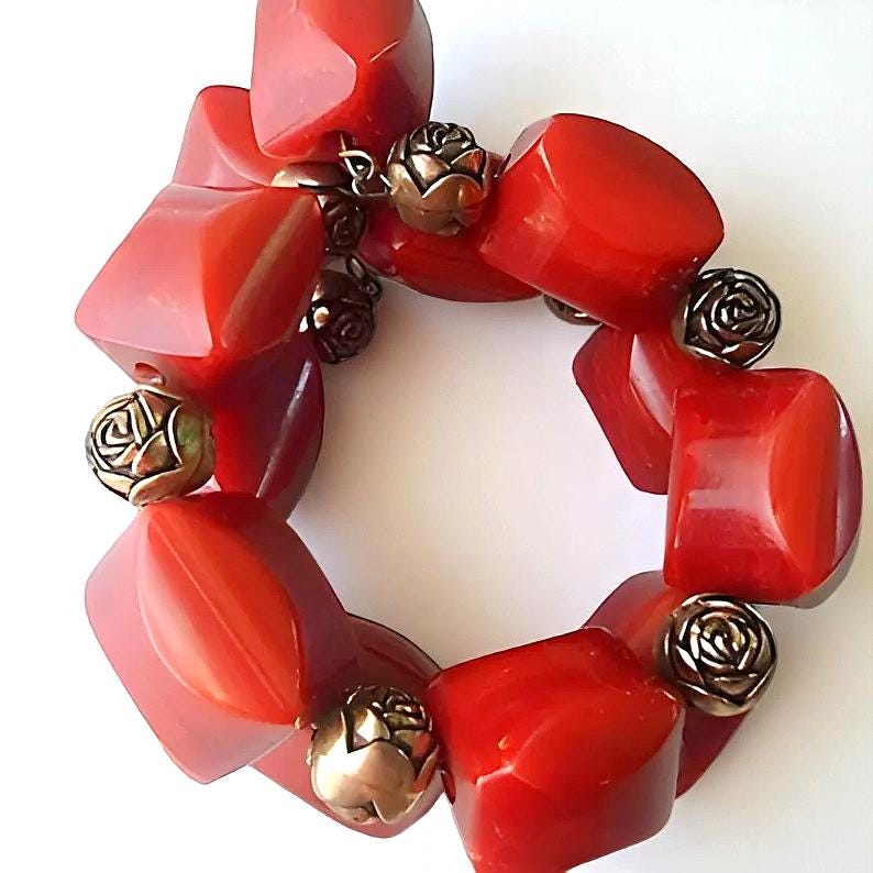 Red Orange Bakelite Wire Wrap Bracelet, Chunky Free Form, Rose Bud ...