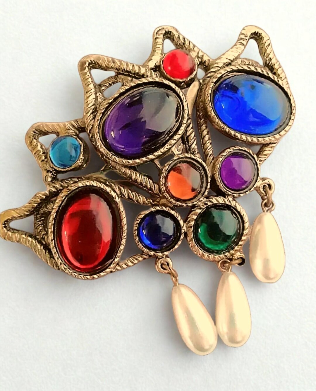 Jewel-tone Cabochons Brooch & Faux Dangle Pearls, Multi Colors, Antique ...