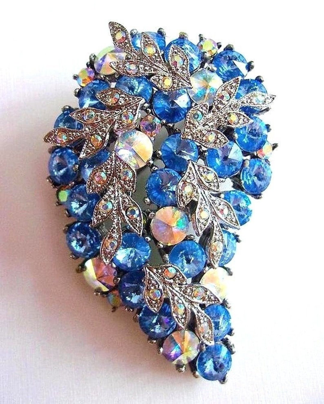 Blue AB Rivoli Rhinestone Cluster Brooch, Silver Leaves, Paisley Shape ...