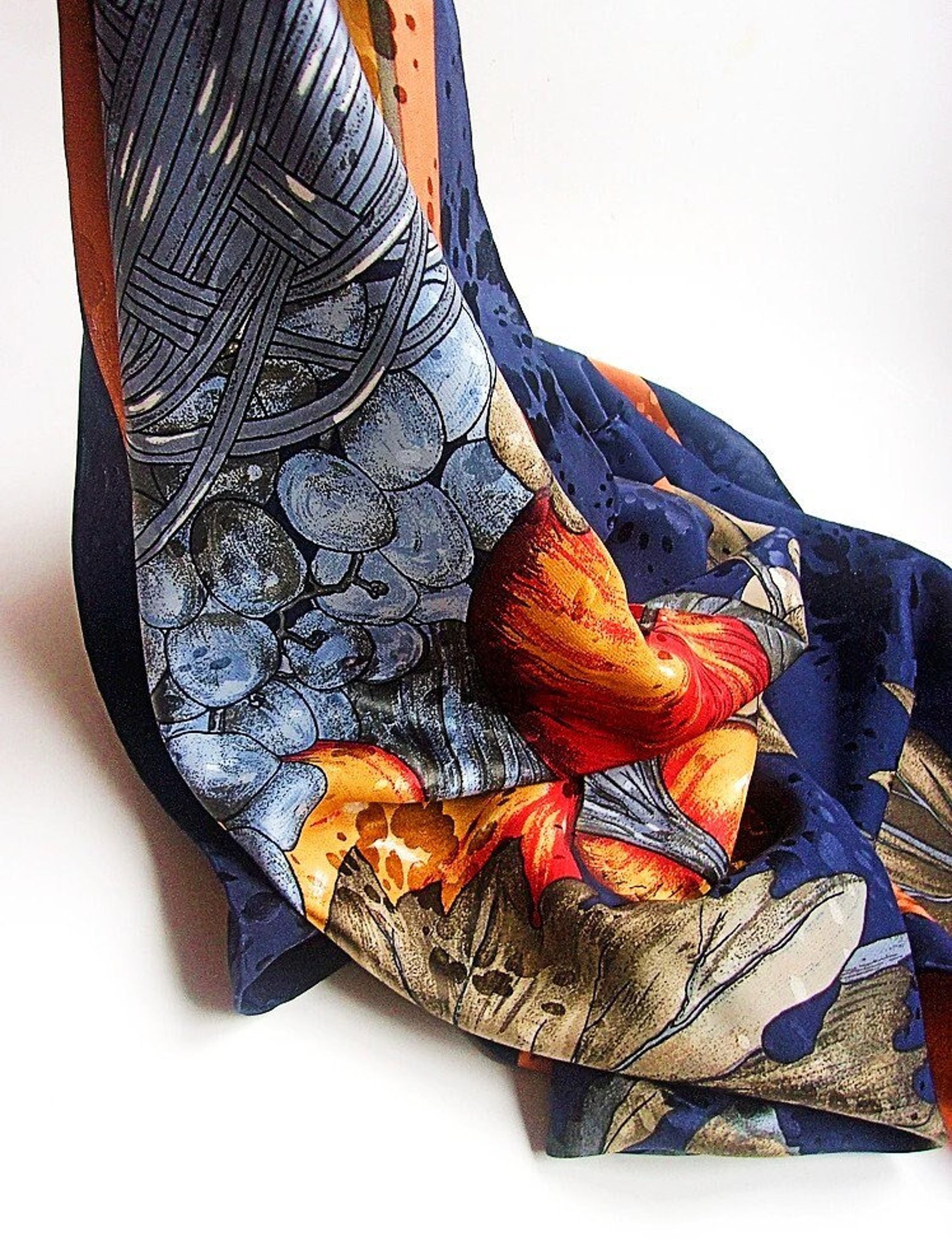100% Silk SEVINI Scarf Fruit Basket, West Germany, Navy Blue & Gold, Hand Rolled Vintage - Etsy