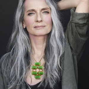 JUDITH Mccann Green Molded Glass Necklace, Thick Rectangle Cabochons ...