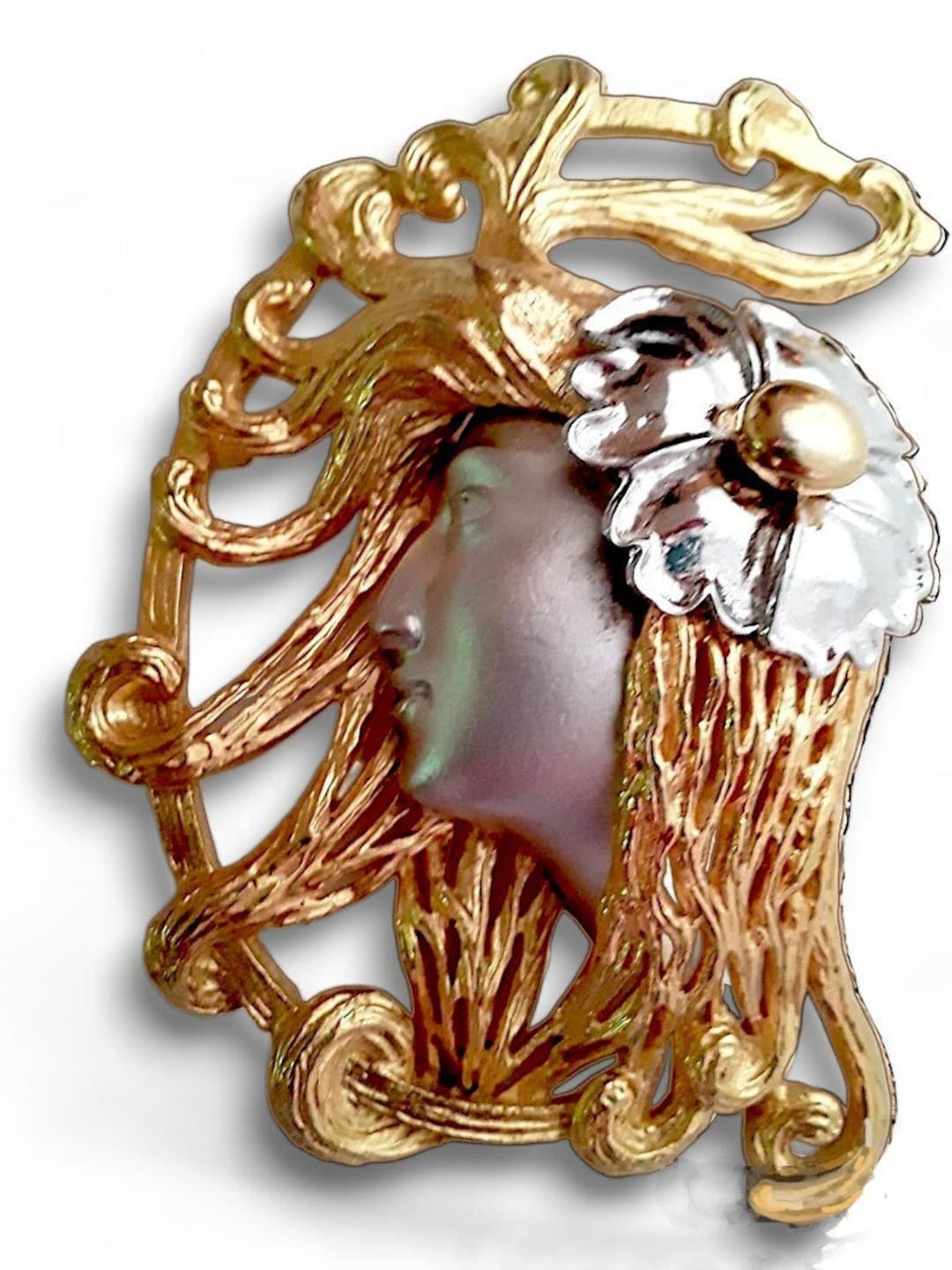 Art Nouveau Lady Profile Brooch-pendant by Oroamerica, Massive ...